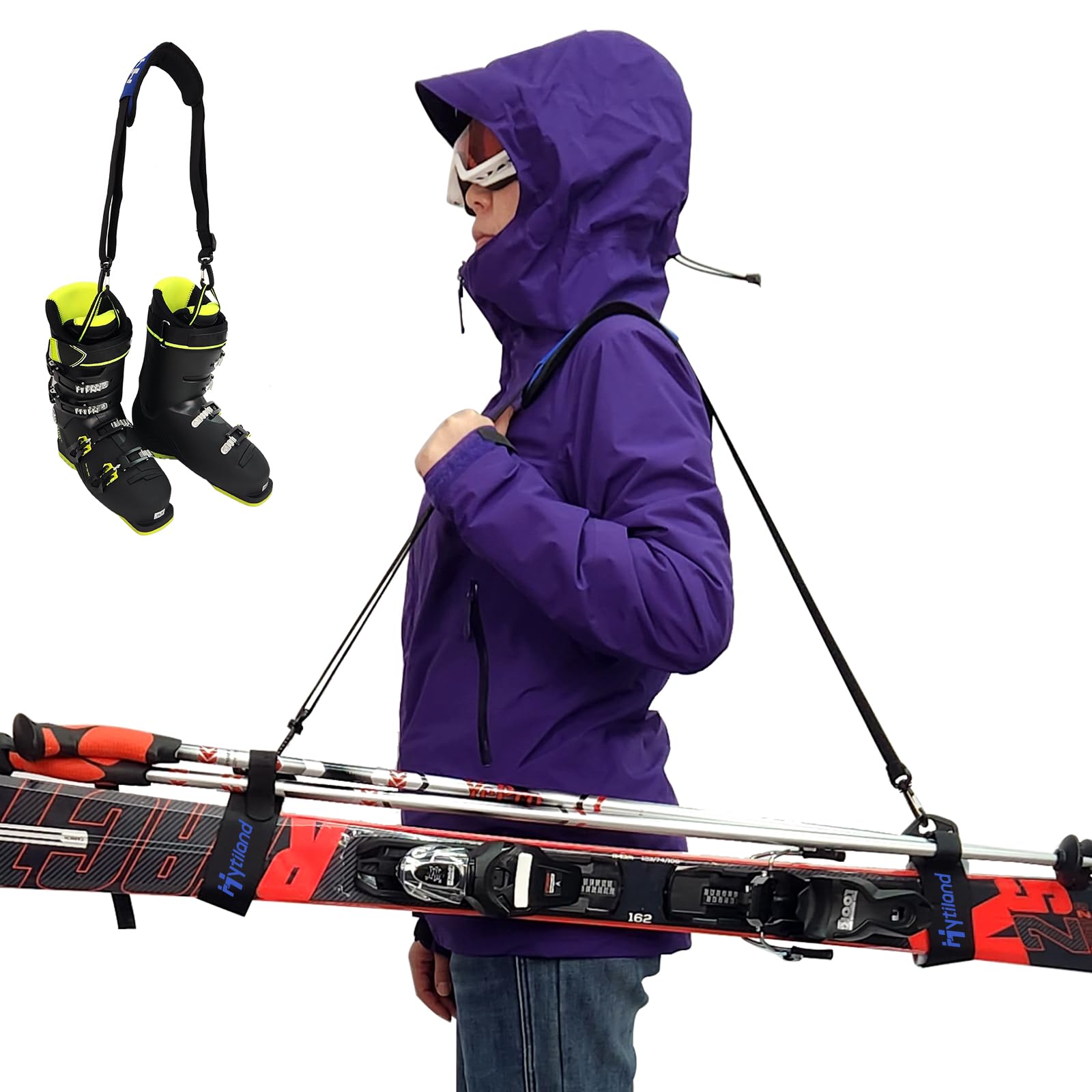Hytiland Ski Carrier Strap,Pole,Ski and Snowboard Boots Carry Sling Strap,Adjustable Ski Shoulder Strap,Downhill Skiing Gear Ski Accessories for Men and Women Black