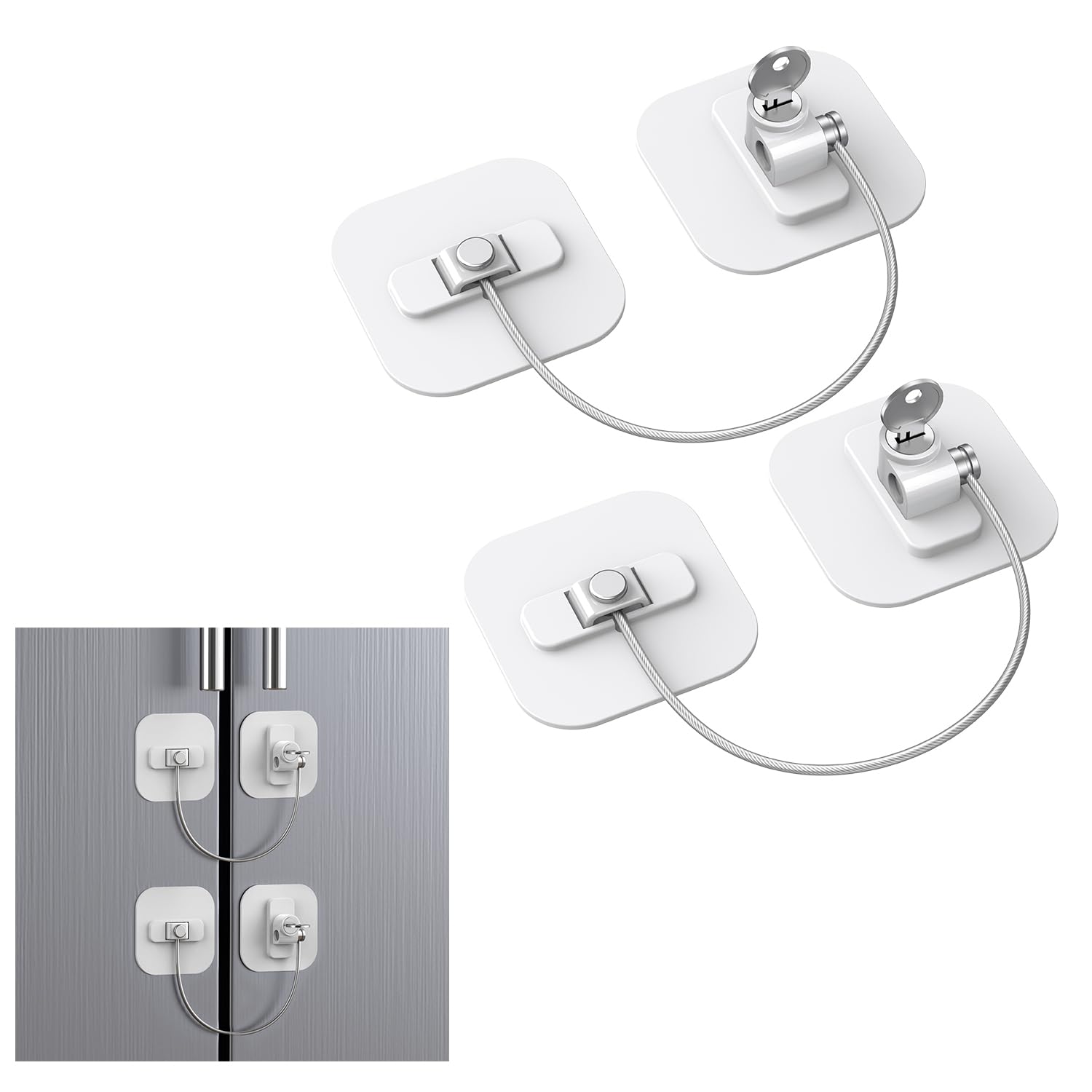 White Fridge Lock, 2 Pack Refrigerator Lock with 4 Keys, Fridge Locks for Kids Proof, Freezer Lock and Drawer Lock, No Tools or Drilling Required, Adult Safety Locks for Pantry, Freezer, and More