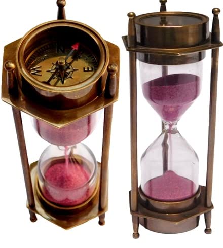 MERIDIAN NAUTICALS 6" Hand Made Solid Brass Decorative Sand Timer 3 min Hour Glass with Fully Functional Compasses