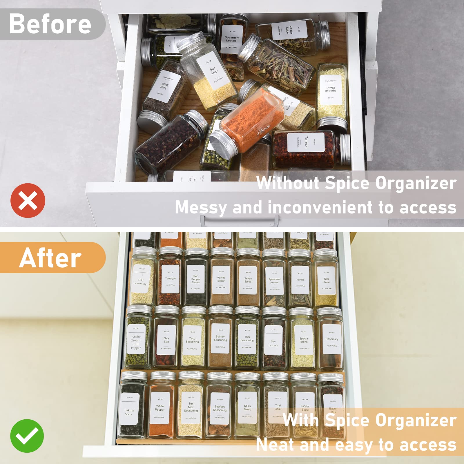 KitHero Spice Drawer Organizer with 35 Spice Jars,216 Labels,50 Non-slip Rubber, Bamboo 4 Tier Seasoning Rack Tray Insert for Kitchen Drawers,Cabinets,Countertop,16.14" Wide x 15.8" Deep