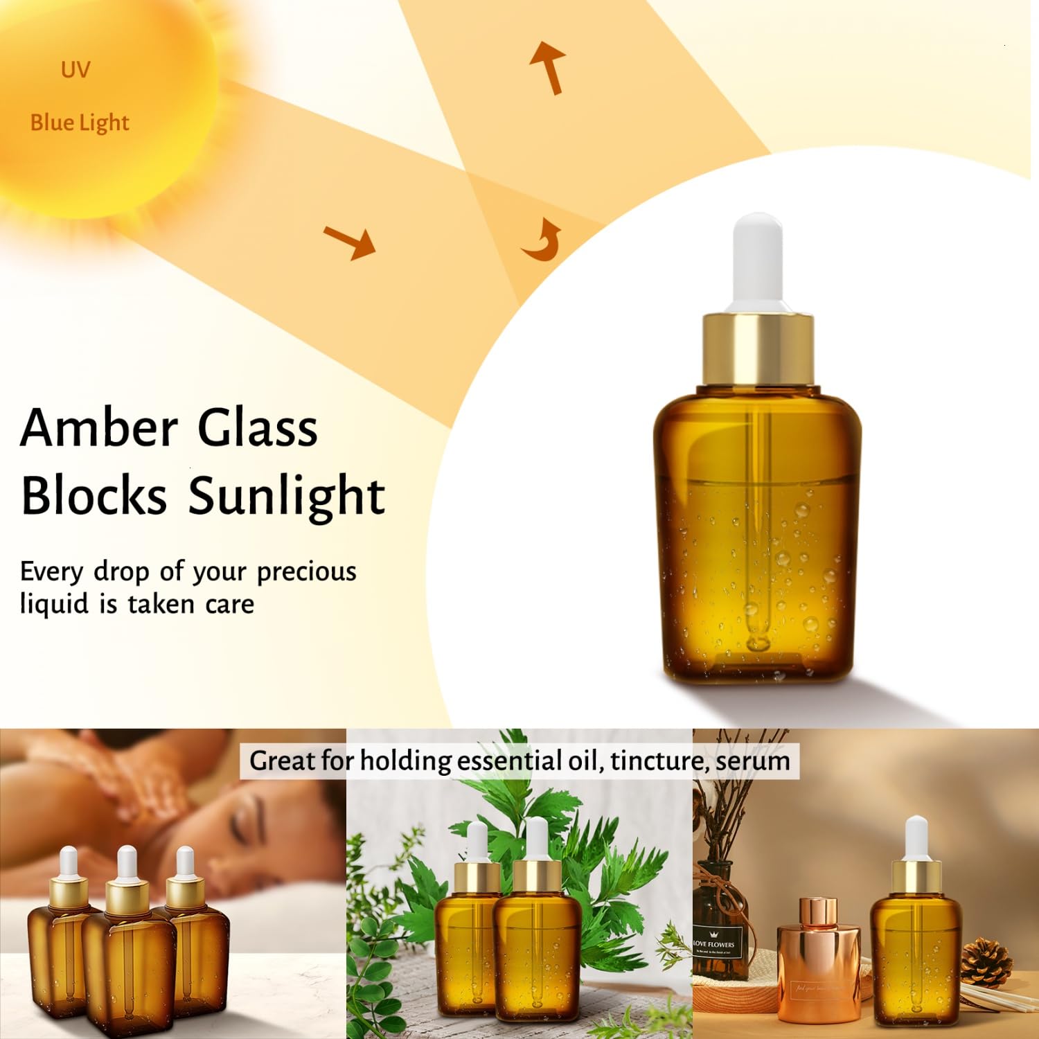 Yoken 72pack Square Dropper Bottle 1 oz Glass Bottles with Dropper Clear Eye Dropper Bottle for Essential Oils - 30ml Leakproof Tincture Bottles with Gold Cap, Silicone Measuring Cup, Funnel and Label