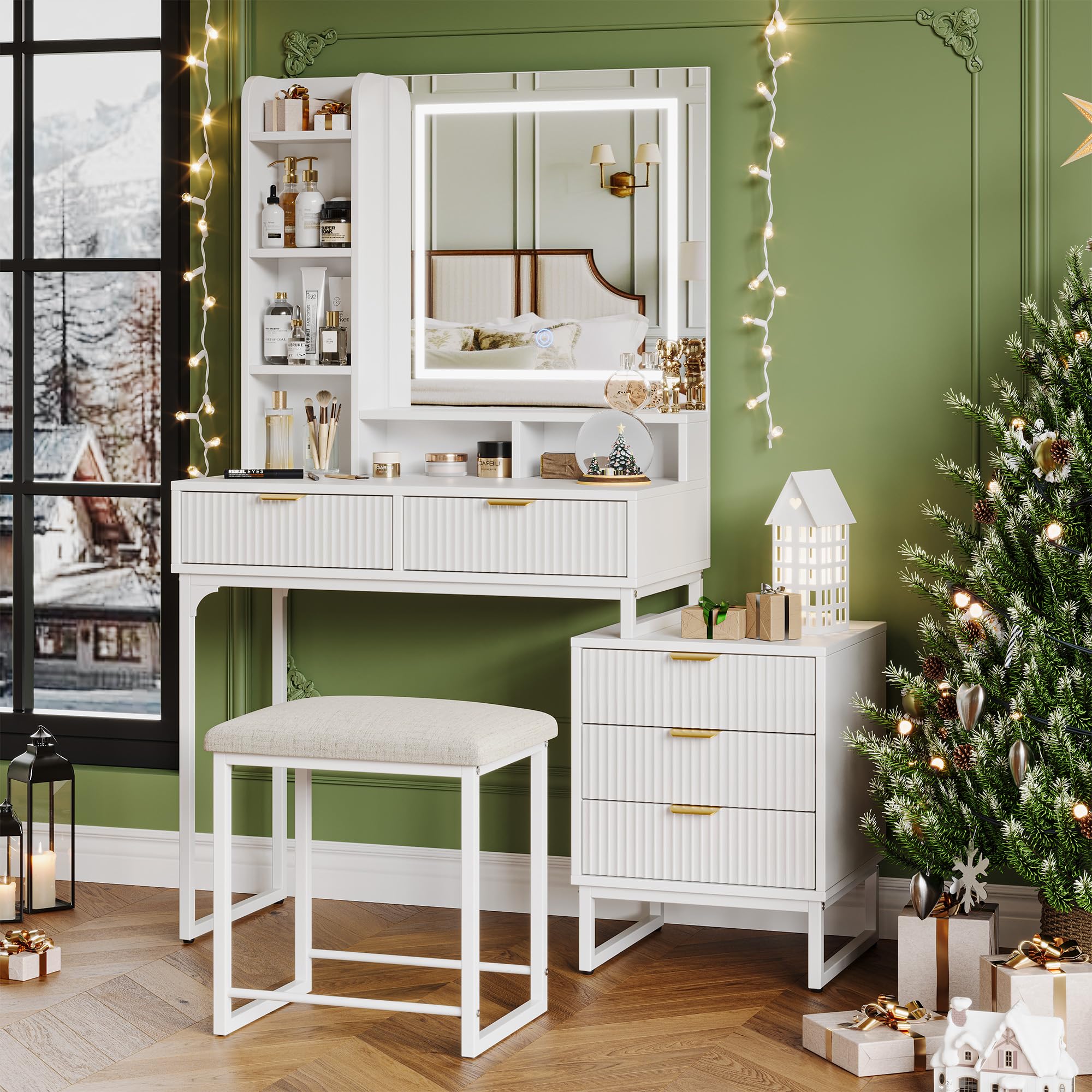 White Vanity Makeup Desk, Vanity Set with Mirror and 3-Mode Lights, 5 Drawers Vanity Table with Removable Side Storage Cabinet, Stool for Bedroom