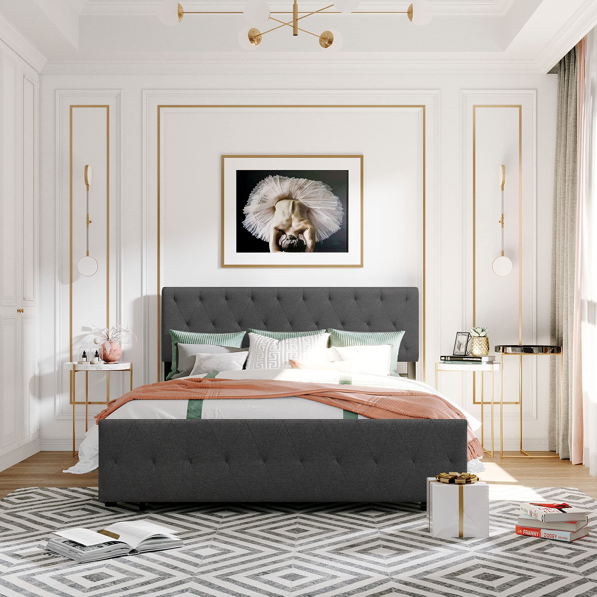 TARTOP Queen Size Upholstered Platform Bed with Storage Drawer, Metal Queen Bed Frame with Headboard,No Box Spring Required,Gray
