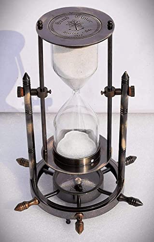 Nautical Maritime Black Antique Full Brass Sand Timer Hourglass with Wheel Compass Base Brass Antique Sand Timer Hourglass with Wheel Compass Base & Hanging Decor Item