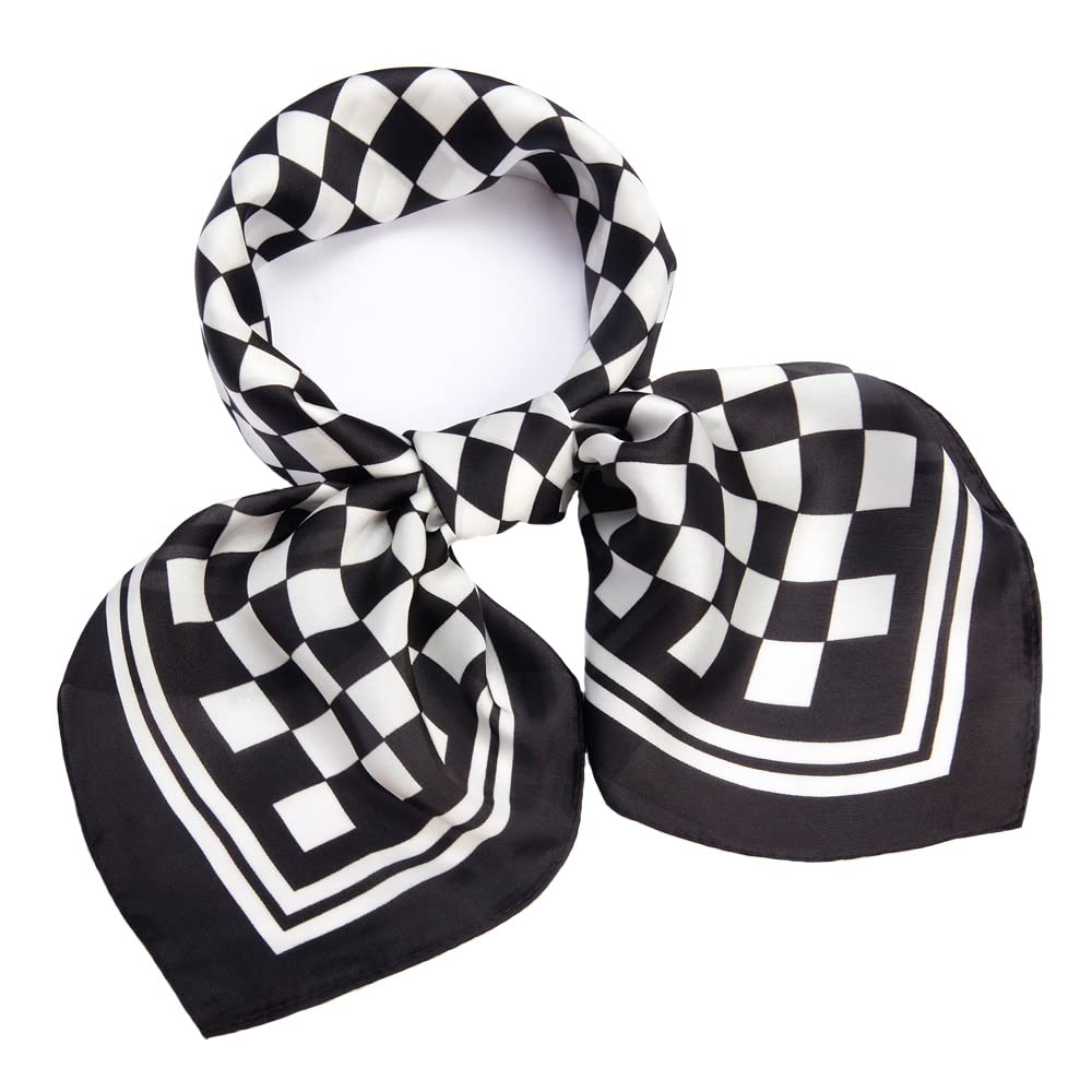 NaSoPerfect 27 inch Silk Feeling Scarf Square Satin Head Scarf Fashion Checkerboard Print Neck Scarfs for Women Black and White