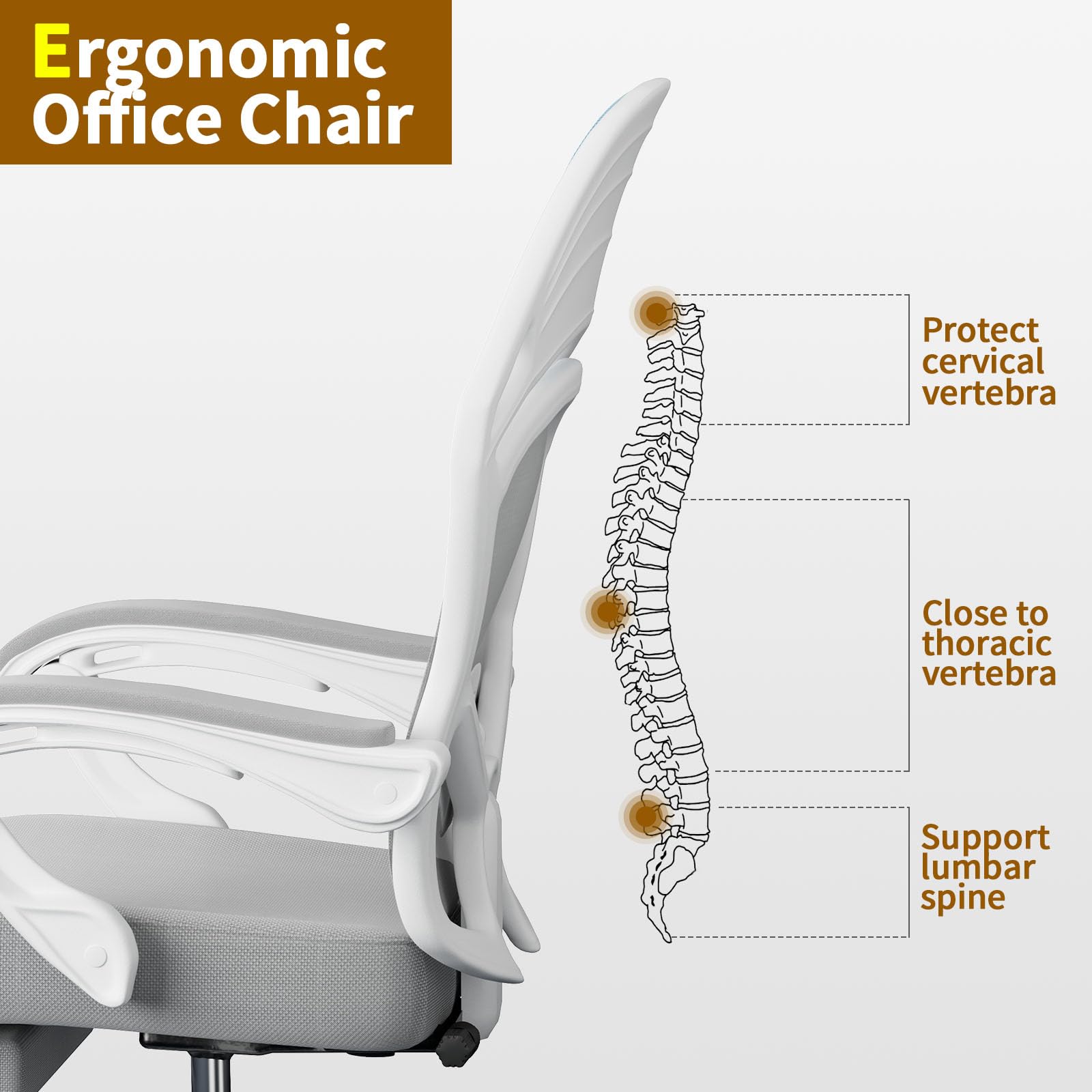 kenvc Ergonomic Office Chair with Foot Rest, Home Office Desk Chairs with Lumbar Headrest and Retractable Footrest, Mesh Office Chair Adjusts 90°-145°, Light Gray