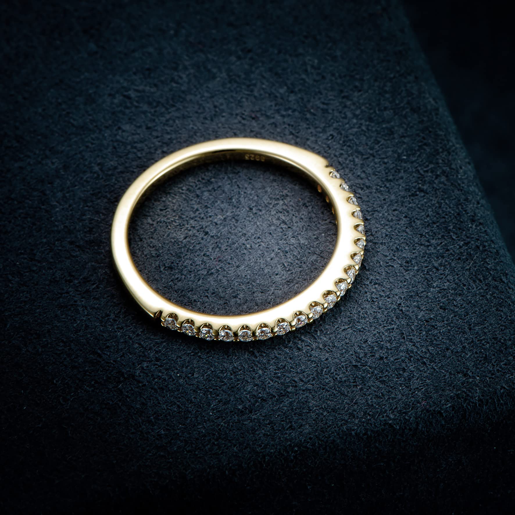 HAFEEZ CENTER 1.5mm Yellow Gold Plated Petite Half Eternity Moissanite Wedding Band Rings for Women (7.5)
