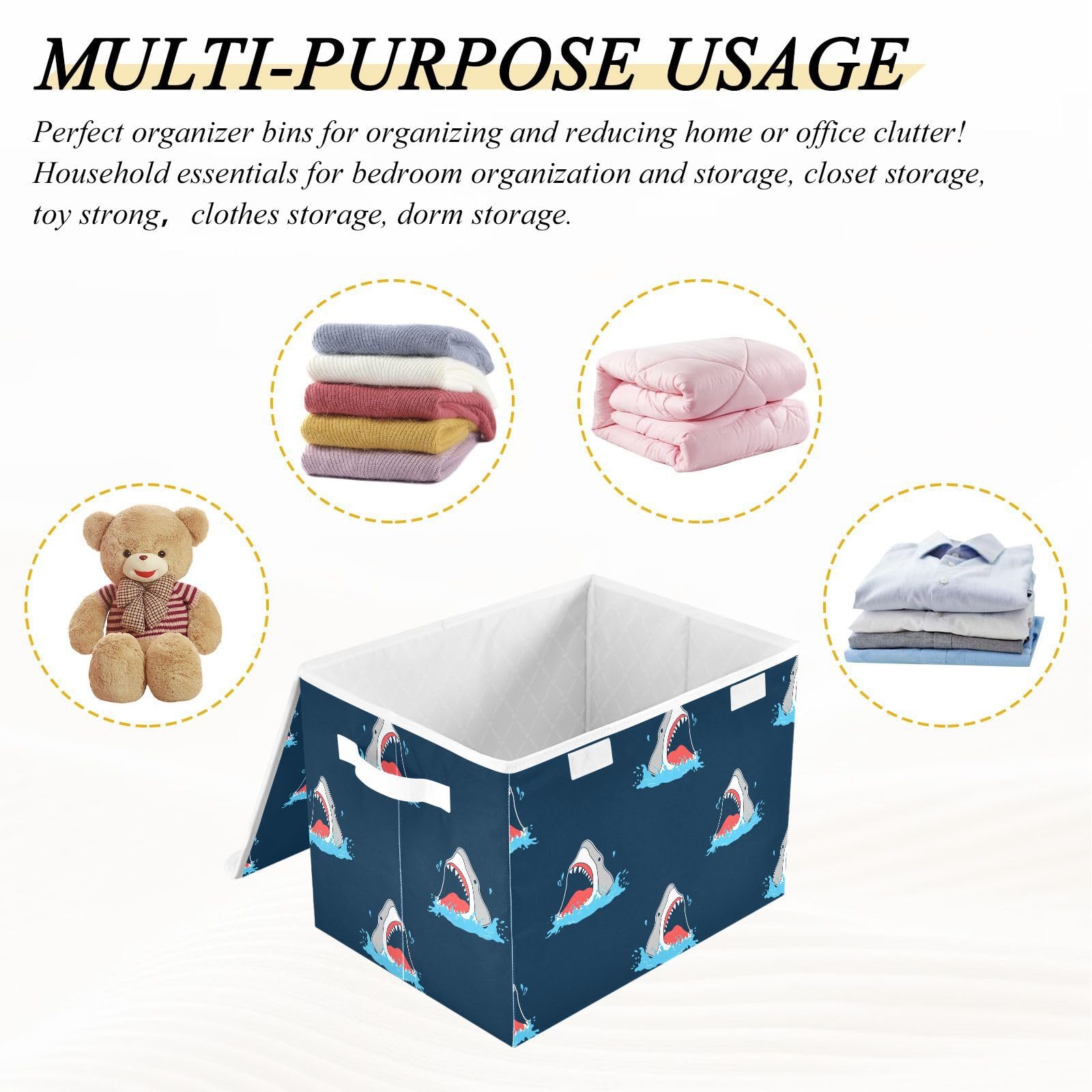 VIGTRO Large Collapsible Storage Bins with Lids Hand Drawn Shark, Summer Storage Baskets Organizer Containers with Handles for Home Bedroom Office