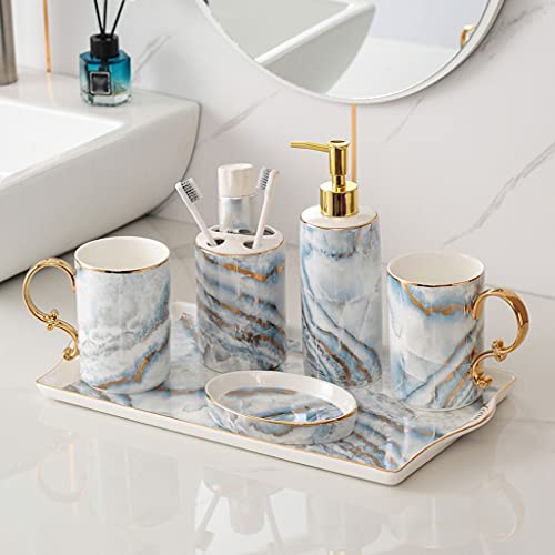 KIZQYN Soap Dispenser Bathroom Accessories Set -6 Pieces Counter Top Bath Set Includes Soap Dispenser Toothbrush Holder Tumblers Soap Dish and Tray, Ceramic Soap Dispenser for Bathroom Kitchen