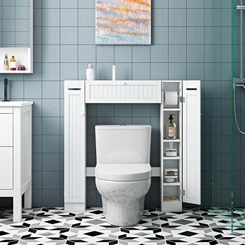 Over-The-Toilet Storage Cabinet with 2 Side Doors, Freestanding Toilet Cabinet Organizer with Adjustable Shelves & Paper Holder, Bathroom Space Saver with Pull-Down Door, Toilet Rack, White