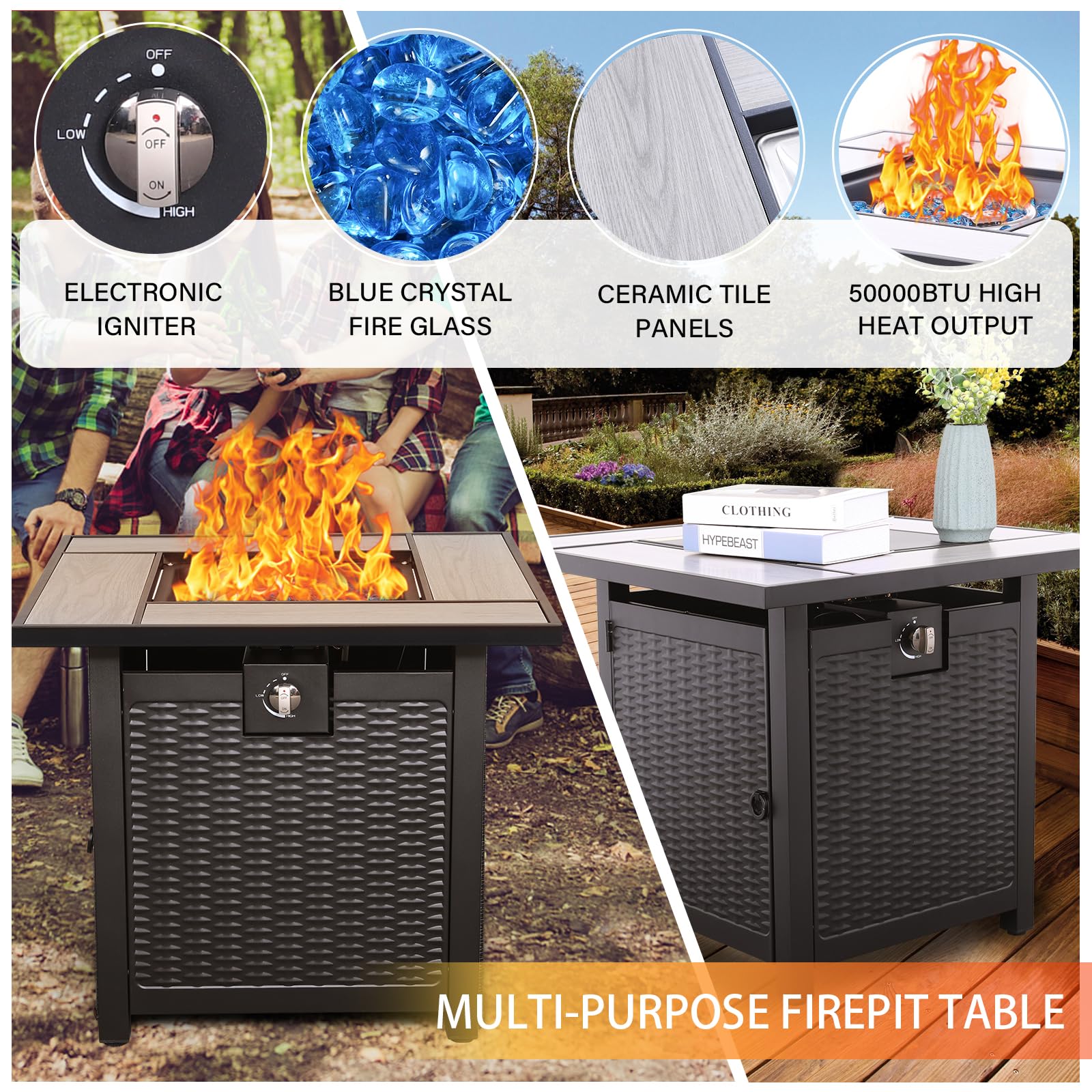Outdoor Patio PE Wicker 5 Piece Furniture Set, Black Rattan Sectional Conversation Sofa Chair with Square Propane Fire Pit Table, Khaki Cushion