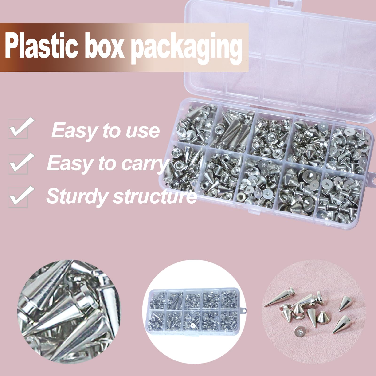 XKCWXY 354 Sets Punk Spikes and Studs Kit,8 Sizes Cone Spikes,Metal Tree Spikes Studs for Leathercraft and Punk Style Clothing Accessories DIY Craft Decoration