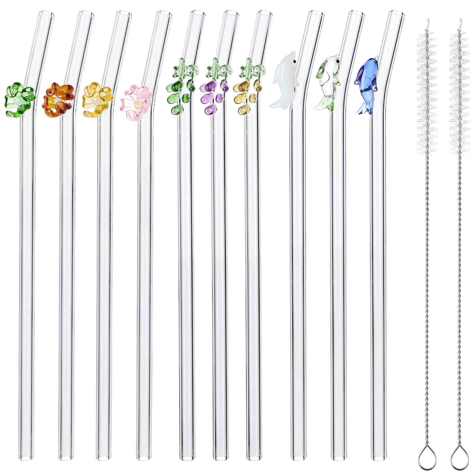 Kleeblatt Reusable Glass Straws Shatter Resistant, 10 Pcs Cute Clear Smoothie Glass Straws with Design, 8mm * 7.9inch Glass Straws Drinking for Smoothies Cocktail Juice Shakes Beverages
