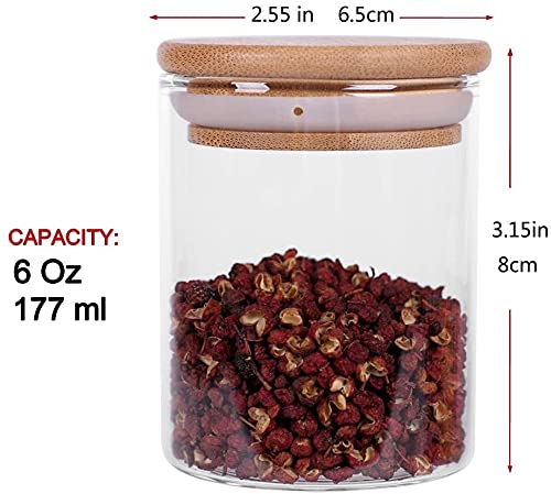 Vkzylife Glass Jars with Bamboo Wooden Airtight Lids 6oz 10oz Spice Jars Food Storage Containers for Home Kitchen, Tea, Salt, Pepper, Spices, Coffee, Herbs, Grains (6 OZ, 6 PCS)