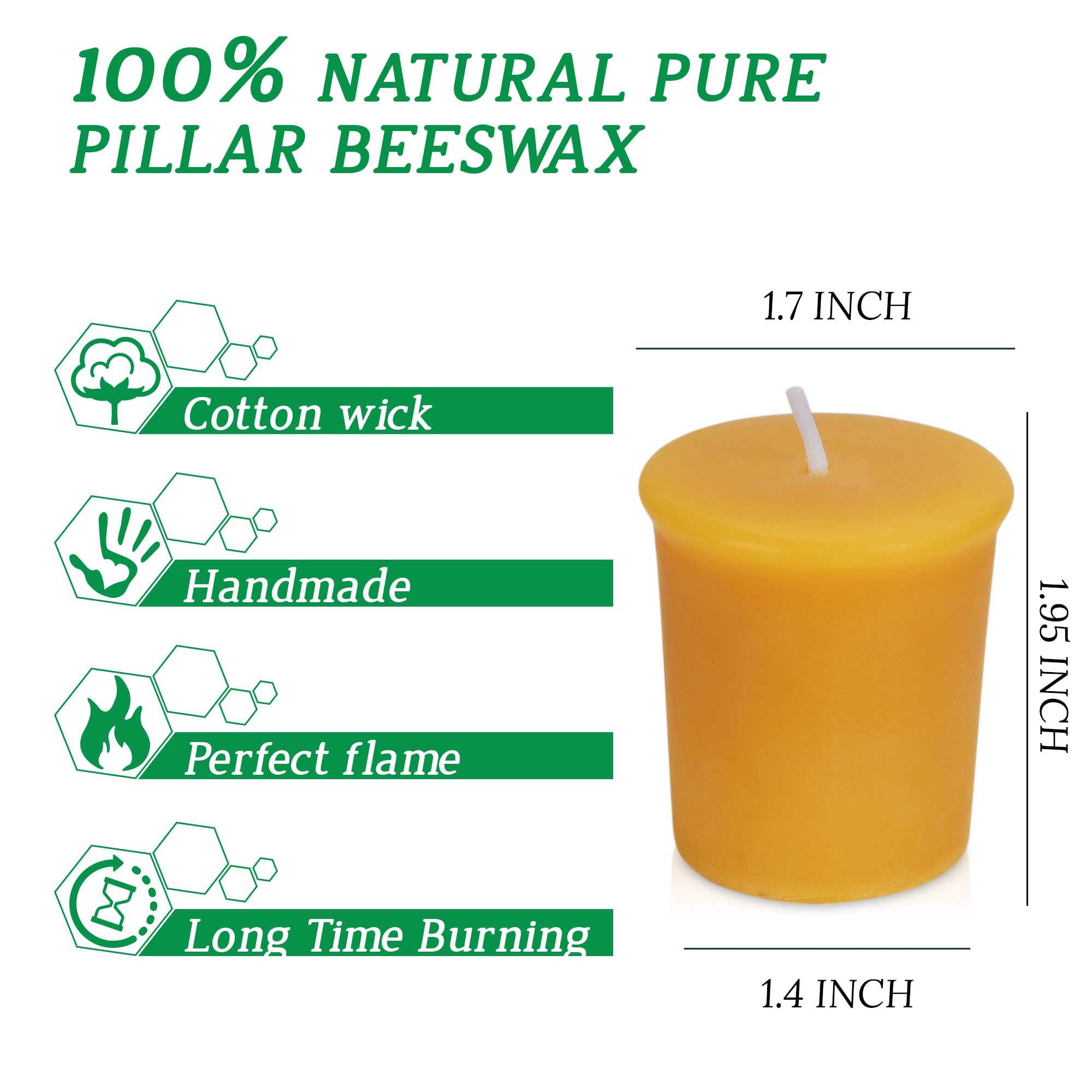 Natural Beeswax Votive Candles 6 Pack, Handmade Bees Wax Candle - Smokeless, Dripless and Non-Toxic, 10 Hour Long Burn Time Each for Home