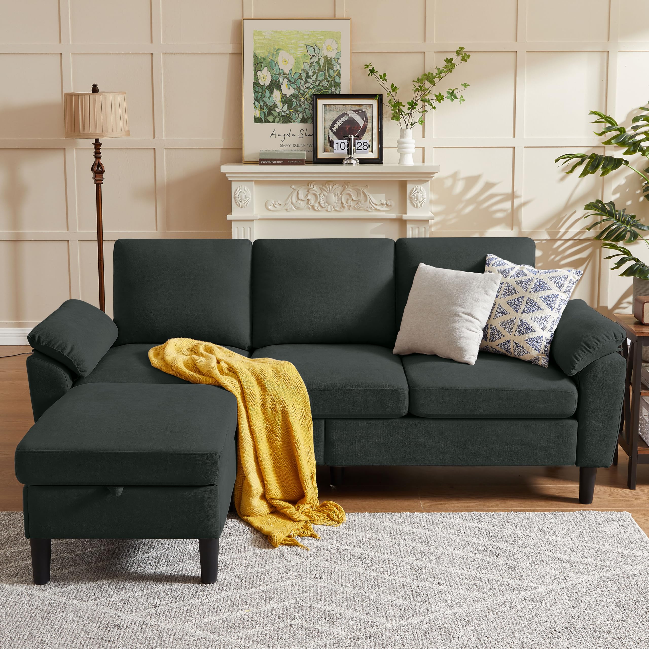 Soscana Sectional Sofa,82" L Shaped 3 Seater Couch with Movable Ottoman Armrest Pillow Polyster Fabre for Small Spaces, Beige