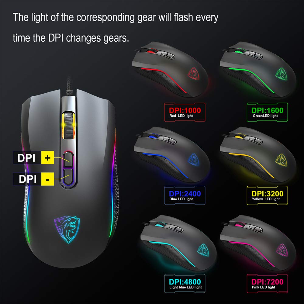 GTRACING Gaming Mouse 7200 DPI 7 Programmable RGB Wired Ergonomic Game USB Computer Mice RGB Gamer Desktop Laptop Pc Gaming Mouse, Breathing Light 7 Buttons for Windows 7/8/10/XP Vista, Black