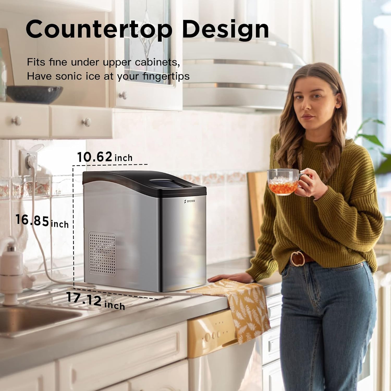 SYCEES 33lbs/24h Portable Nugget Ice Maker for Countertop, 5lbs Ice Storage, Pellet Ice Ready in 10 Mins, Self-Cleaning, Touch Control, Stainless Steel Sonic Ice Machine for Home, Bar, Office