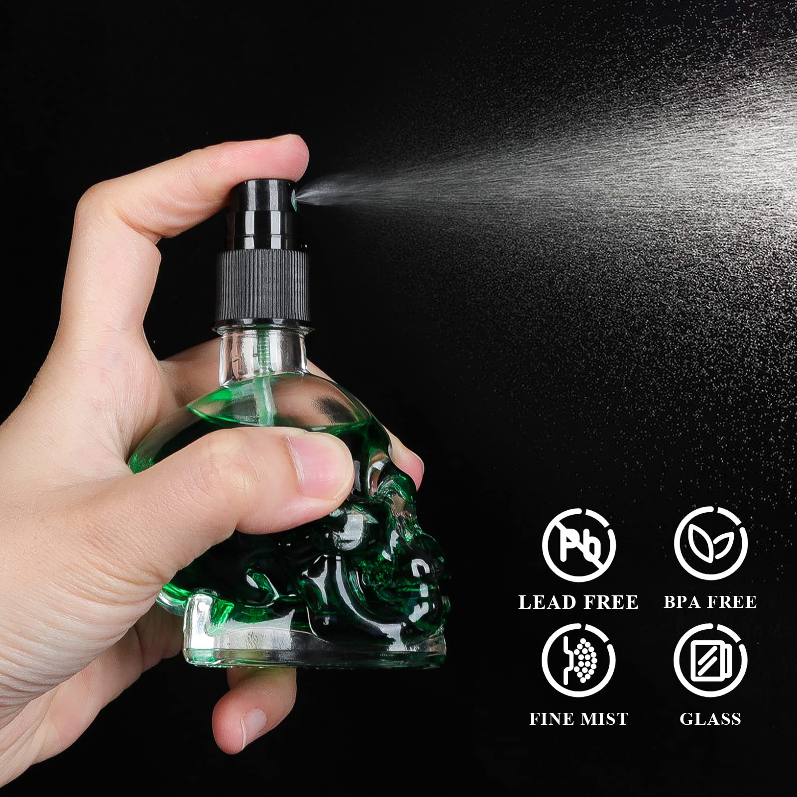 PrinMobel Skull Shaped Spray Bottle - Set of 2-2 oz Small Glass Spray Bottle, Refillable, Fine Mist Atomizer Spray Empty Bottles for Aromatherapy and Personal Care (Halloween)