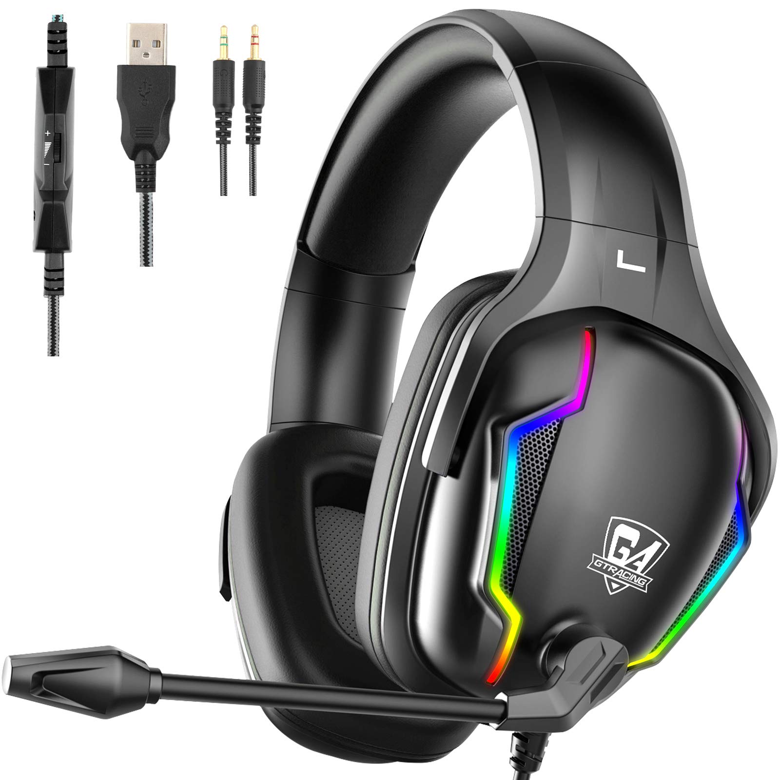 GTRACING Gaming Headset for PC - Computer Headphones with Surround Sound Stereo Noise Canceling Mic/Microphone RGB Light - Gaming Headphones for Nintendo Switch, PS4, Console Laptop,Black