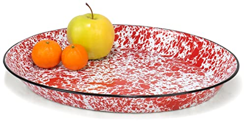 Red Co. Oven Safe Enamelware Metal Classic 16.5” Serving Oval Tray Platter, Red Marble/Black Rim – Splatter Design