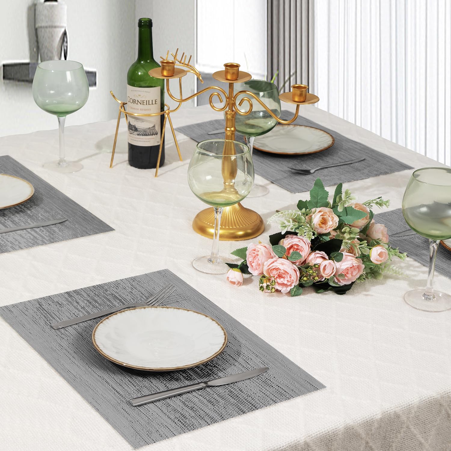 Leetaltree Grey Placemats, Heat Resistant Non-Slip Place mats for Dining Table, Washable Durable PVC Vinyl Woven Table Mats (Set of 4)