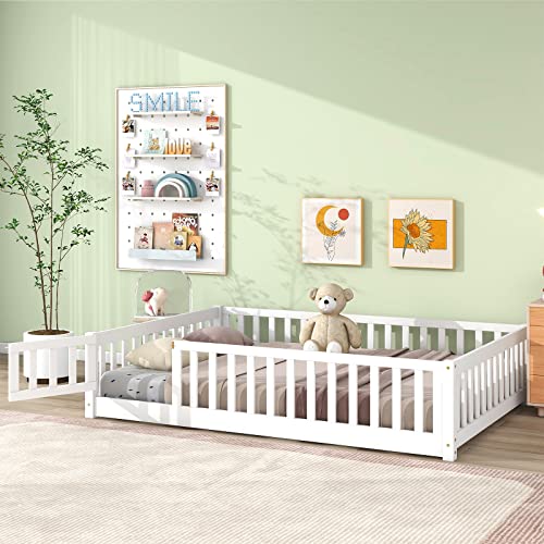 Tatub Full Size Floor Bed with Safety Guardrails, Door and Slats, Montessori Floor Bed Frame, Wood Montessori Floor Bed for Kids, Girls and Boys, Full-White