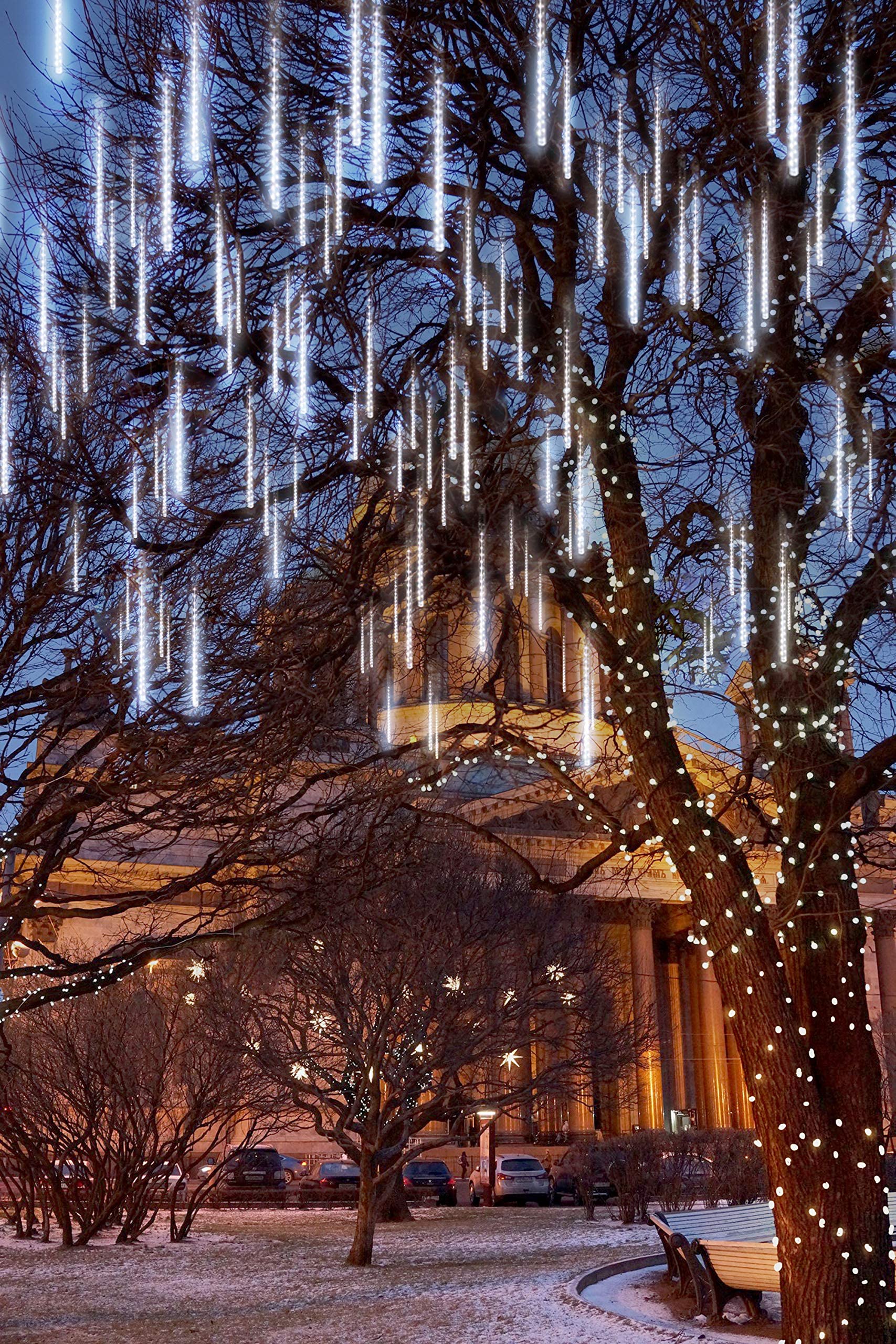 Joiedomi 2-Pack Christmas Meteor Shower Lights - Falling Rain Drop Icicle String Lights 2 x 8 Tubes 30cm 288 LEDs White, for Halloween Christmas Holiday Party Home Patio Outdoor Decoration