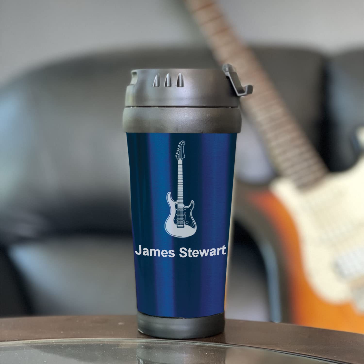 LaserGram 16oz Coffee Travel Mug, Flag of Puerto Rico, Personalized Engraving Included (Dark Blue)