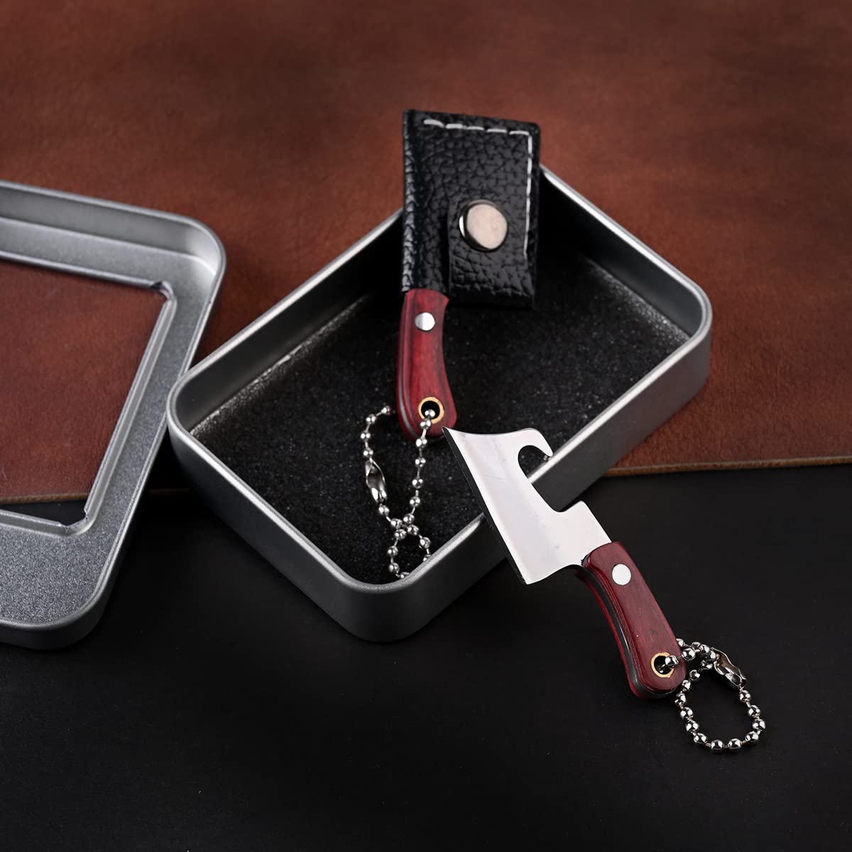 NBGDY Mini Pocket Damascus Knife keychain Set,Tiny Chef Knife Set for Package Opener ,Box Cutter, Beer Bottle Opener -2pcs(kpq-1037)