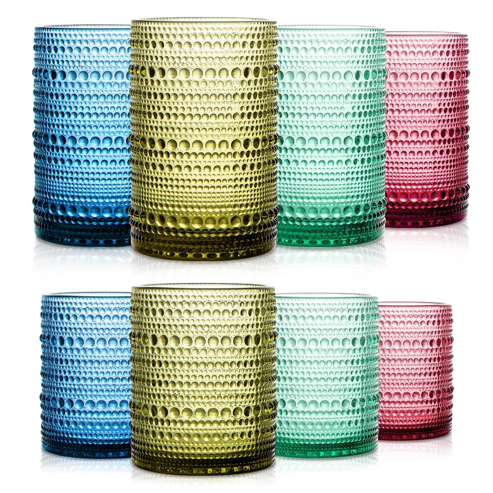 SoulTimes Set of 8 Hobnail Drinking Glasses Colored Vintage Glassware - 4 Highball Glasses 14 oz, 4 Rocks Glass Cup 11 oz, Embossed Old Fashioned Glassware for Water, Juice, Wine, Beer (4 Colors)
