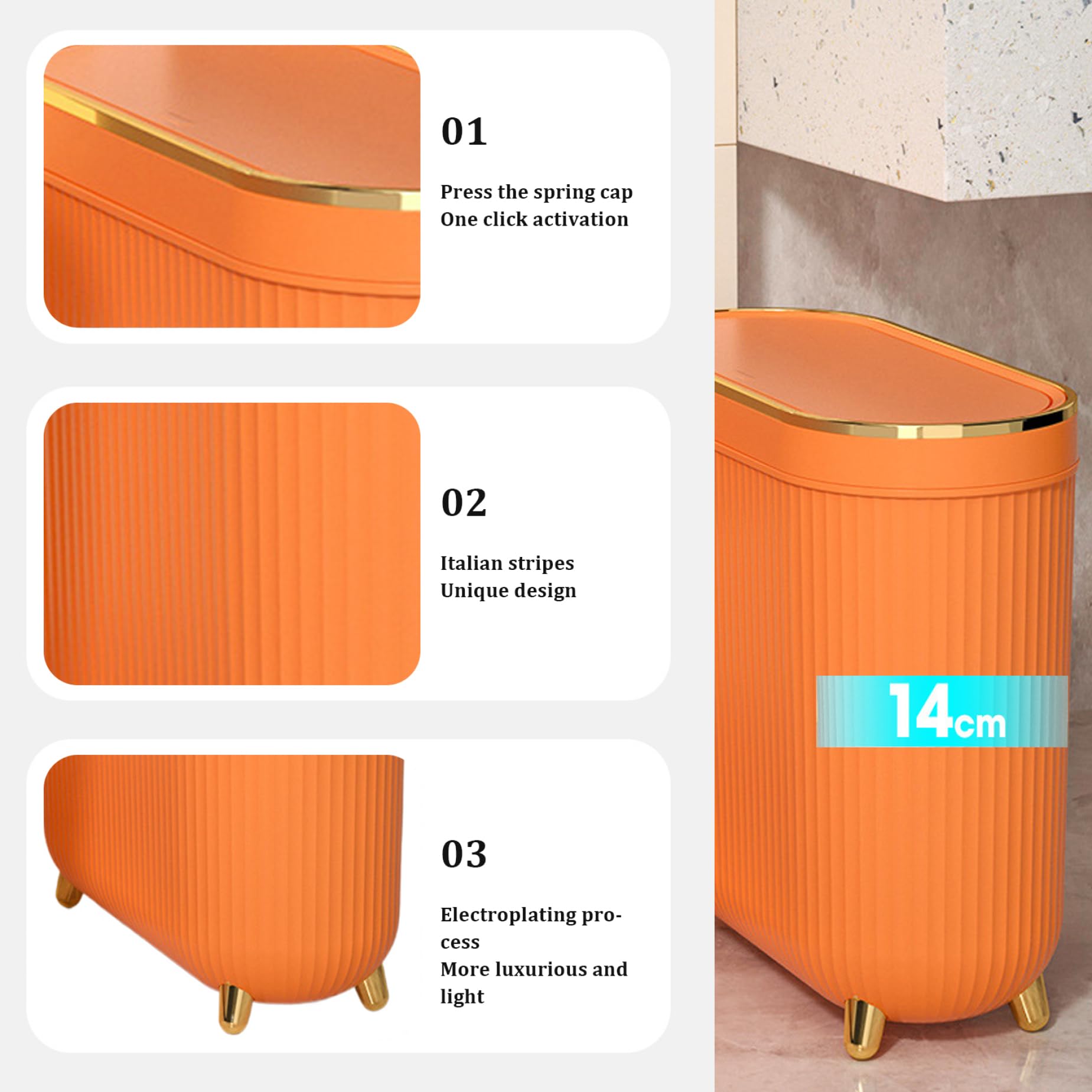 Weduspaty Bathroom Trash Can Slim Trash Can 3.2 Gallons Kitchen Garbage Can with Press Top Lid Plastic Trash Bin Waste Basket for Bedroom, Office, Living Room Orange