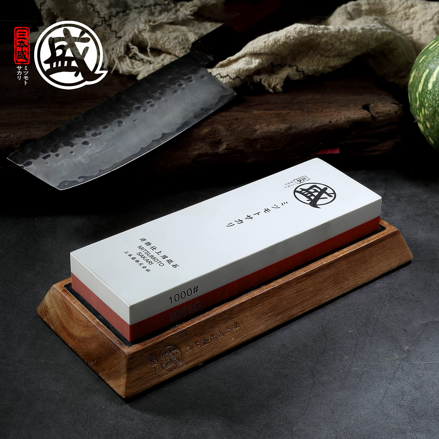 MITSUMOTO SAKARI Japanese Knife Sharpening Stone, Professional Kitchen 1000/3000 Grit Knife Sharpener Stone, Anti-Slip Bamboo Seat Sharpener Whetstone