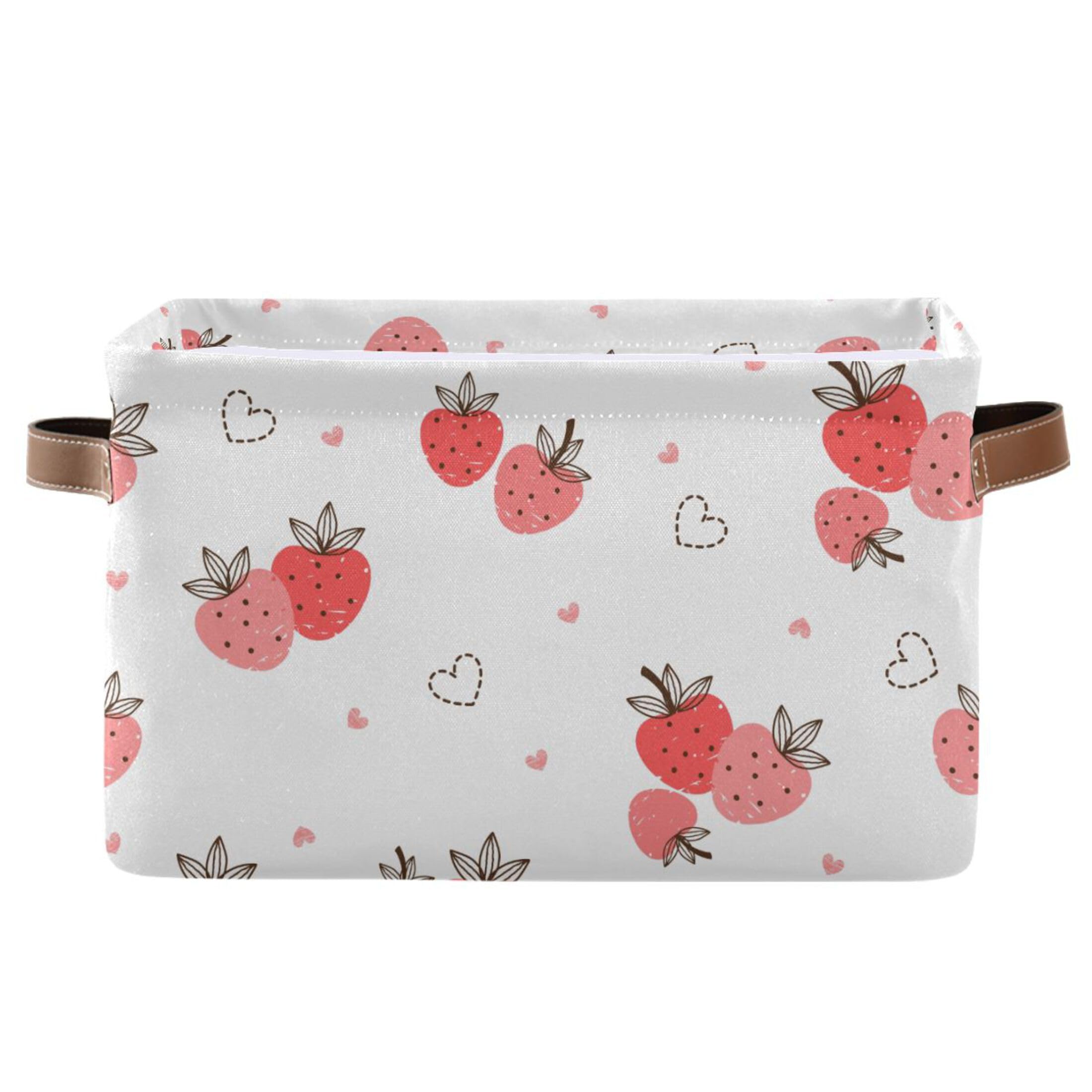 Qilmy Strawberry Pattern Storage Basket with Handles for Organizing, Collapsible Canvas Shelves Storage Bins for Home Closet Bedroom Living Room