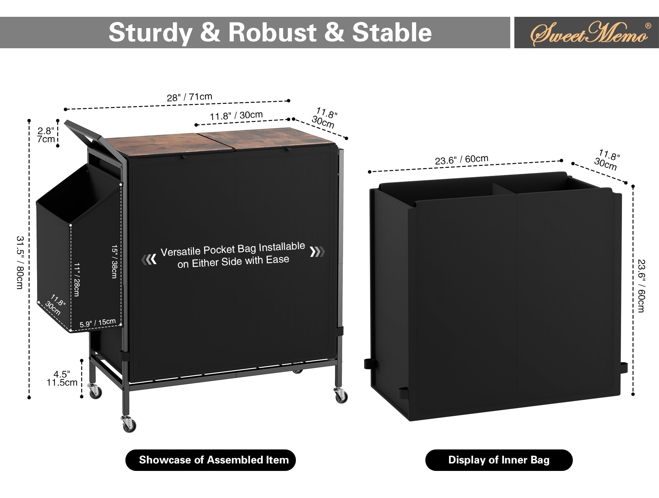 SweetMemo Rolling Laundry Basket with Wheels and Lids, 2 Section Laundry Hamper On Wheels, Heavy Duty Industrial Wheeled Clothes Hampers, Black