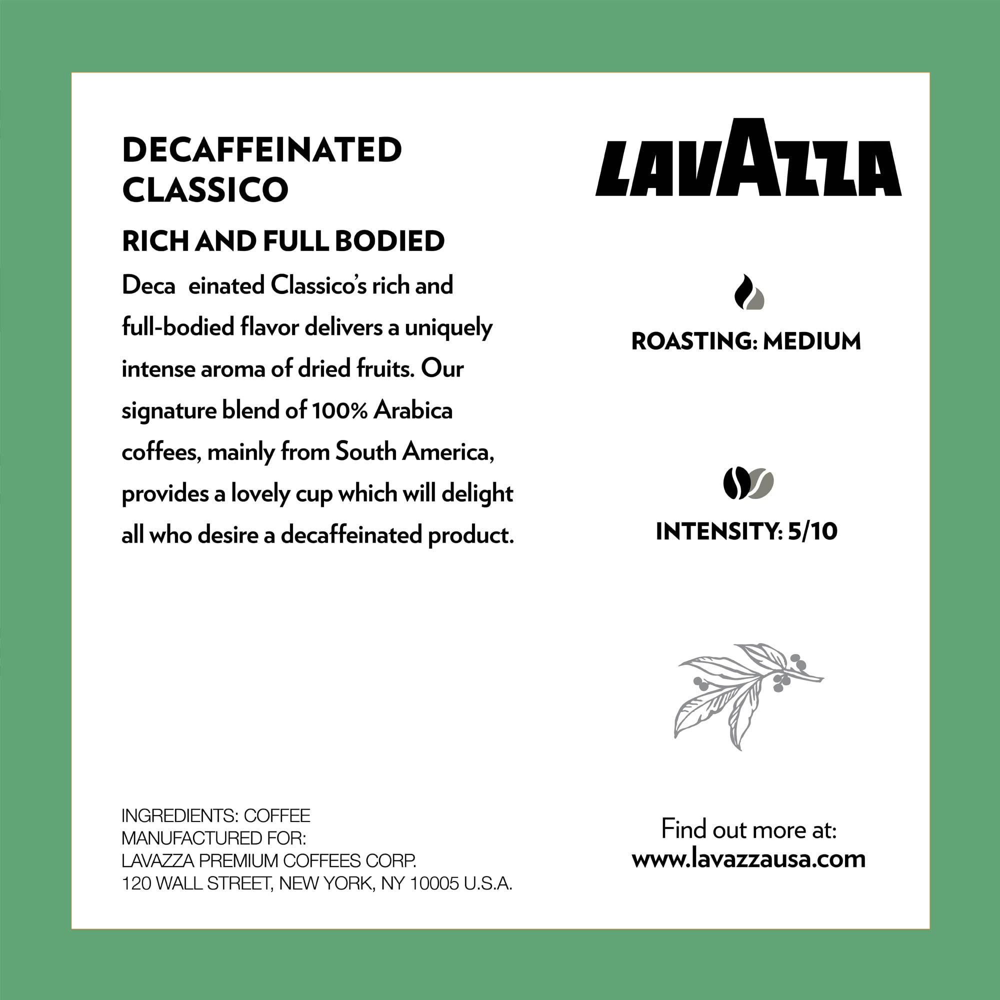 Lavazza Classico Decaf Single-Serve Coffee K-Cups for Keurig Brewer, Medium Roast, 10 Count Box ,Rich and full-bodied flavor delivers a uniquely intense aroma of dried fruits, 100% arabica coffees