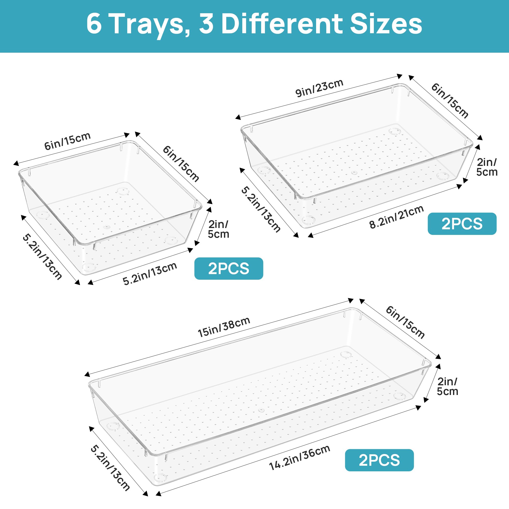 Vtopmart 6 PCS Clear Plastic Drawer Organizers Set, 3-Size Bathroom and Vanity Drawer Organizer Trays, Acrylic Storage Bins for Makeup, Kitchen Utensils, Large Size Office Desk Organizers