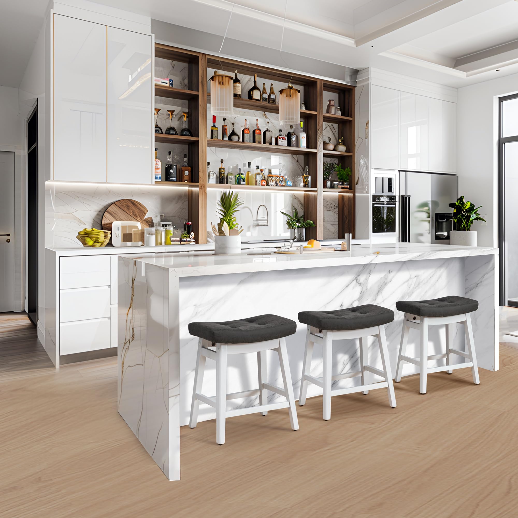 RNKSFX Counter Height Bar Stools Set of 2 for Kitchen Counter Modern Backless Barstools with Upholstered Faux Leather Seat and Solid Wood Legs Farmhouse 24 inch Bar Chairs, Grey + White