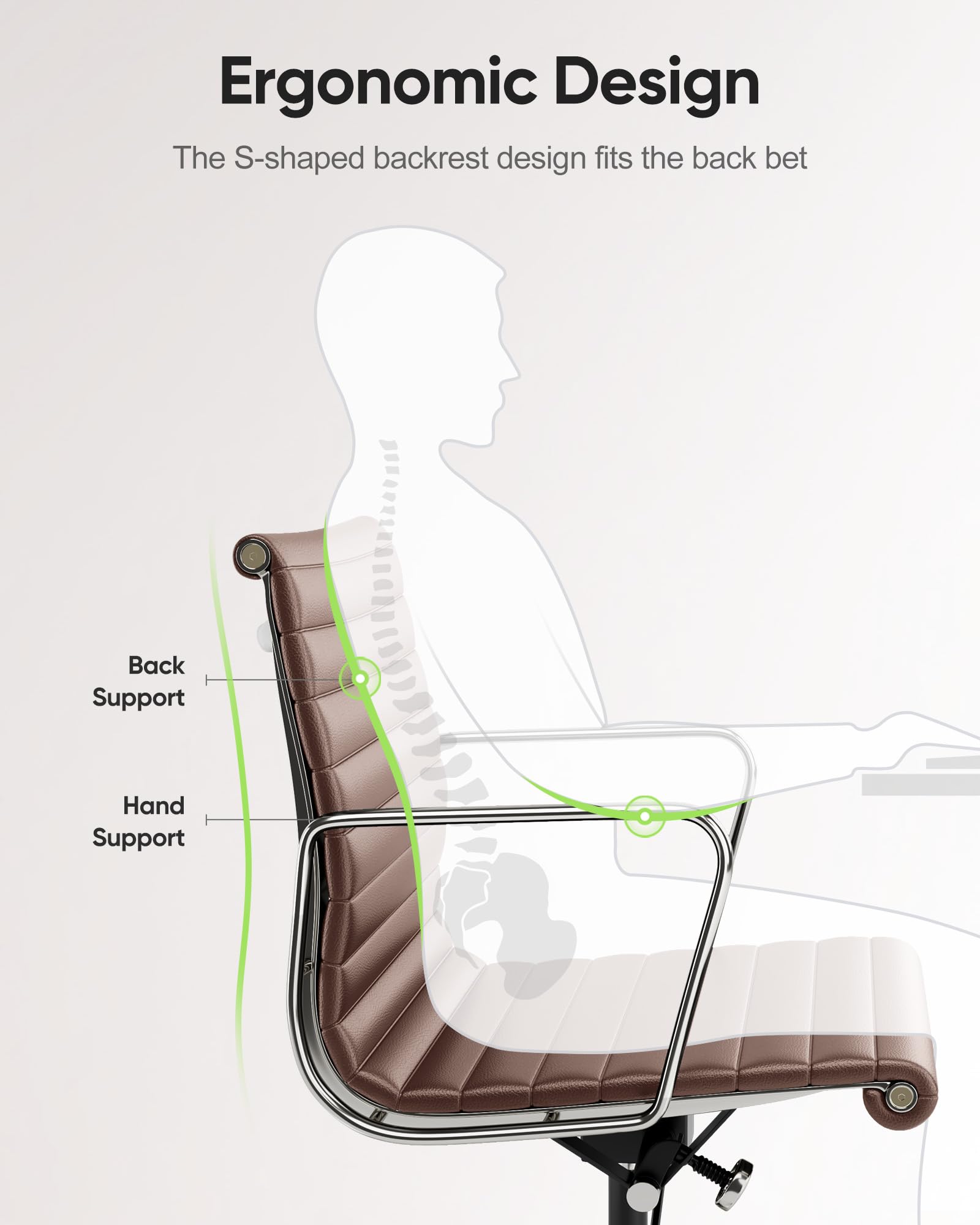 Ribbed Office Chair, Mid Back Top Black Grain Leather Desk Chair, Swivel Chair Adjustable Ergonomic Computer Desk Chair with Aluminium Alloy Frame and Silent Nylon Wheels