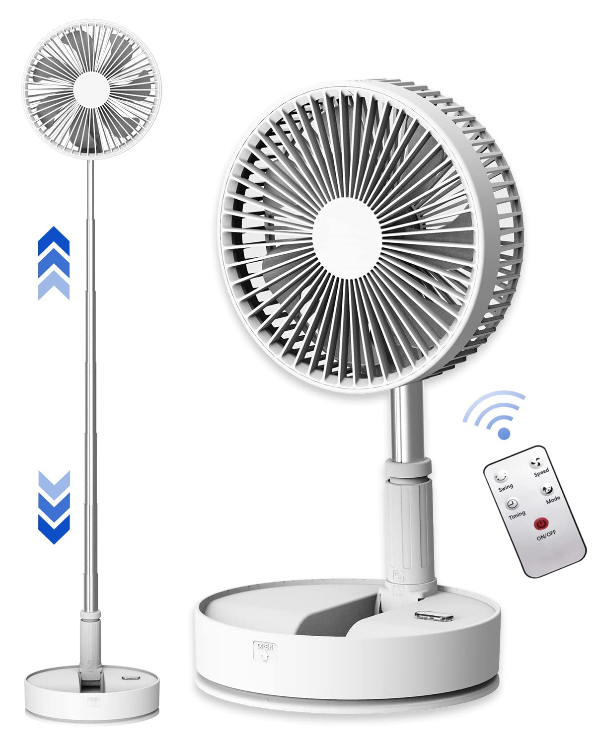 Oscillating Fan with Remote Control, 7200mAh Rechargeable Battery Operated Travel Fan for Camping, 4 Speed, Timer, Height Adjustment Portable Foldable Fan for Travel , Outdoor, Home (White)