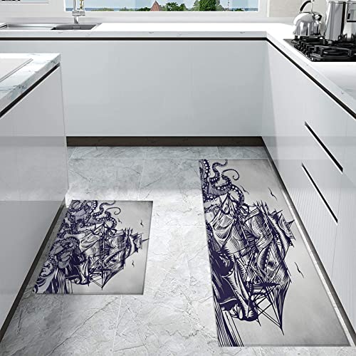 Kitchen Mats for Floor, Nautical Theme Octopus Sea Monster Kitchen Rugs, Kitchen Organization Anti-Fatigue Kitchen Mat, Kitchen Decor Runner Rug Room Decor Standing Desk Mats