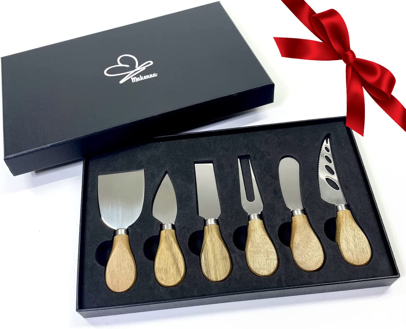 Makenna Premium Specialty Cheese Knife Set — Custom Storage Case Gift Box, Wide Solid Wood Handle, Stainless Steel Blade, Spreader, Slicer, Fork, 6 Pc Knives, Spatula for Charcuterie Board