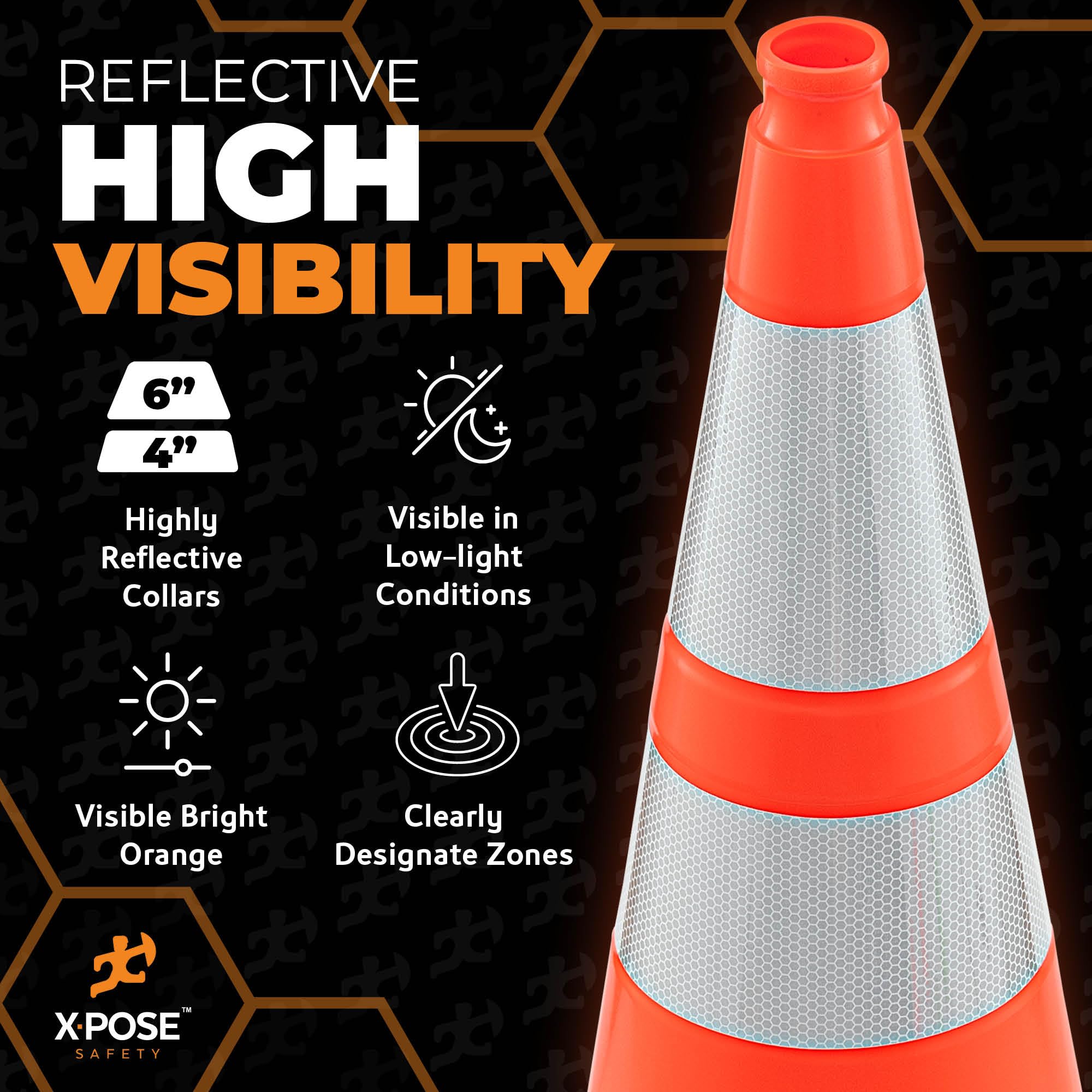 Xpose Safety 28 Inch Orange Traffic Cones Heavy Duty 10lb with 6" & 4" Collars, 24 Pack - Multipurpose PVC Plastic Safety Cone for Parking, Soccer, Caution, Kids and Construction