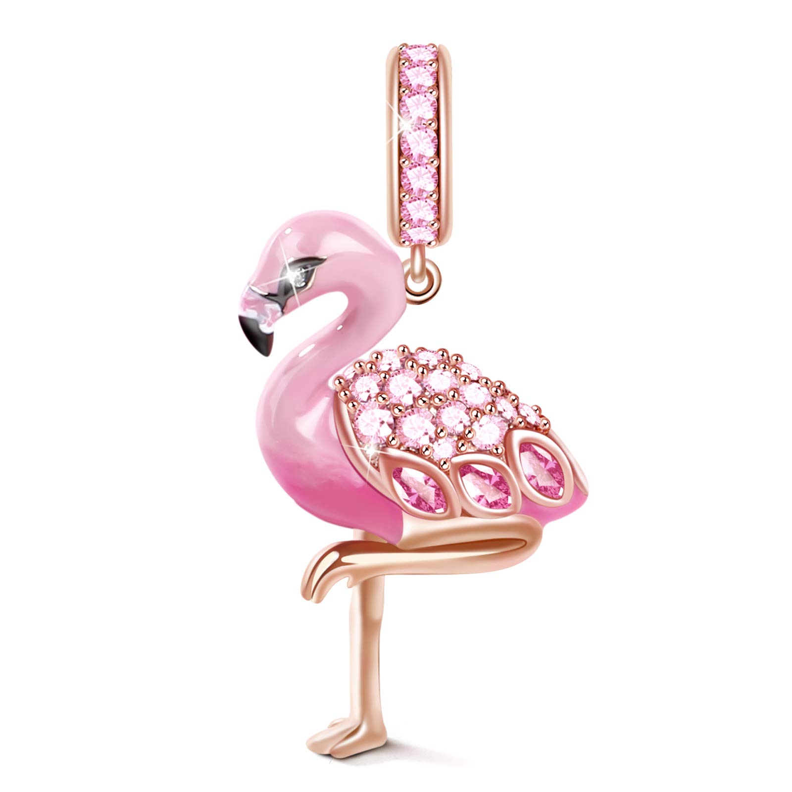 GNOCE Flamingo Dangle Charm 925 Sterling Silver 18K Pink Pendant Charms Bead For Bracelet/Necklace Rose Gold Plated For Women Mother's Day