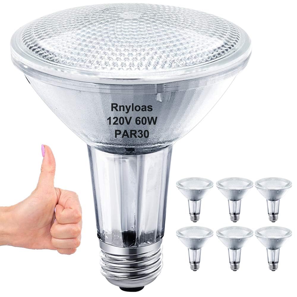 Rnyloas PAR30 Long Neck, 6PCS PAR30 60W 120V Flood Dimmable, PAR30 Halogen Bulb Long Lasting Lifetime with E26 Medium Base, PAR30 Flood Light High Brightness & CRI100 for Recessed Lighting