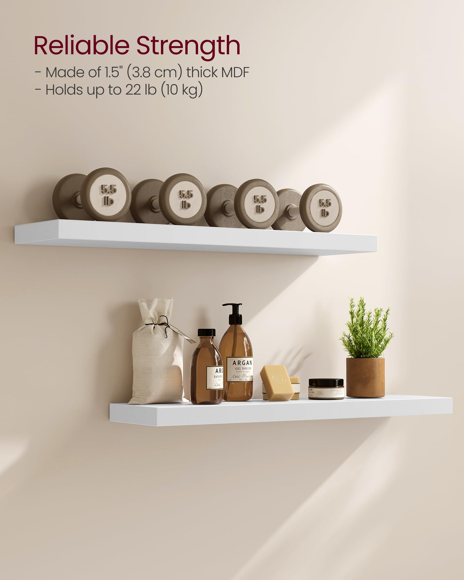 VASAGLE Wall Shelves Set of 2, Floating Shelves, Wall Mounted, 8 x 23.6 x 1.5 Inches, Display Shelves for Picture Frames, Wall Decor, Hanging Shelf for Living Room, Kitchen, White ULWS056W01