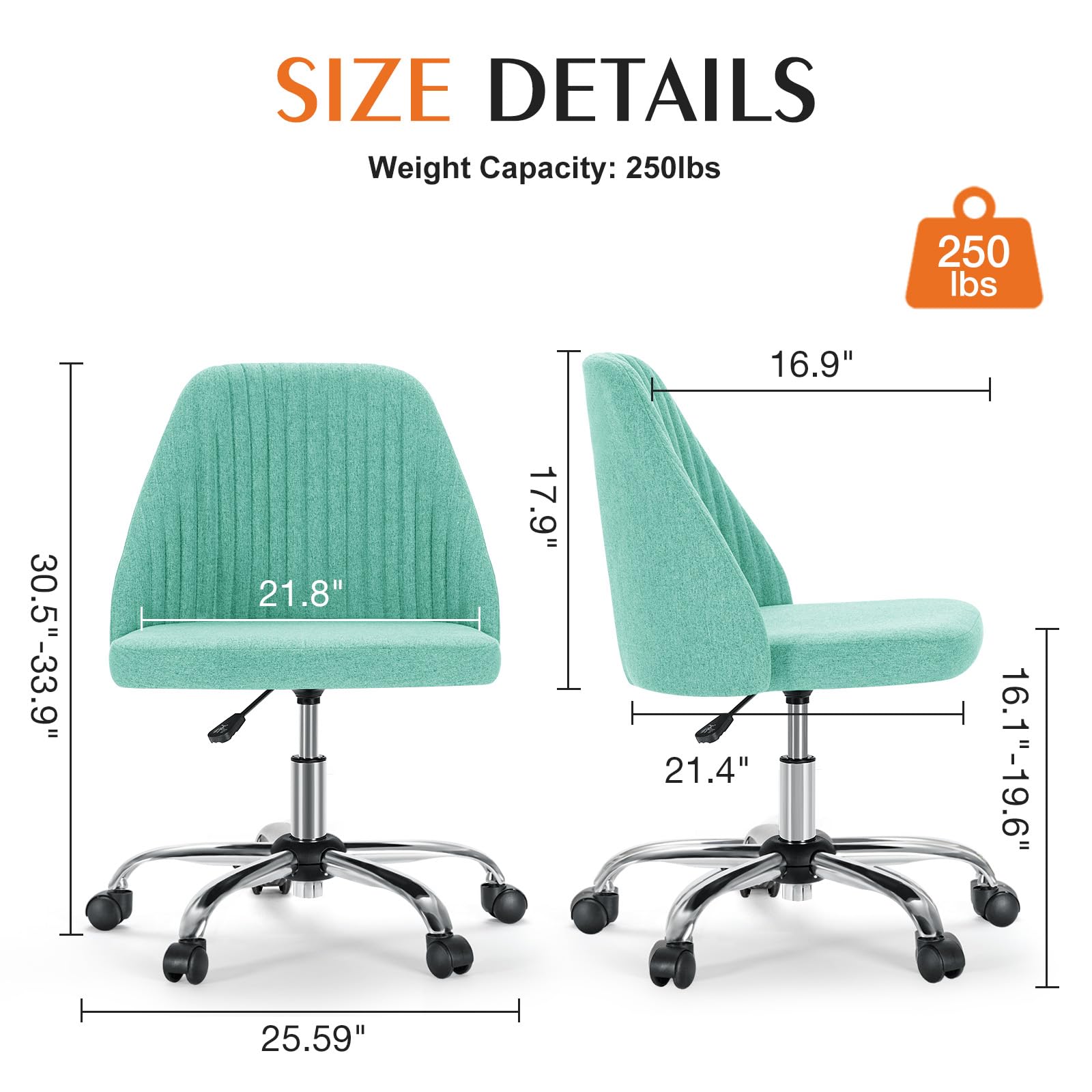 Sweetcrispy Armless Office Chair Modern Fabric Home Office Desk Chairs, Cute Desk Chair with Wheels Adjustable Swivel Task Computer Vanity Chair for Small Spaces