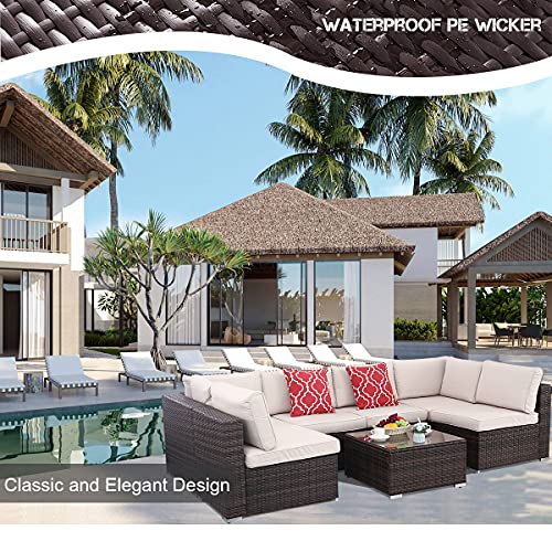 Polar Aurora 7 Pieces Outdoor Patio Sofa Set PE Rattan Wicker Sectional Furniture Outside Couch w/Washable Seat Cushions & Modern Glass Coffee Table