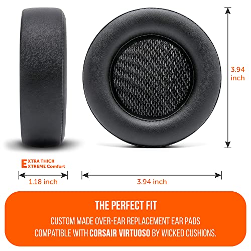 WC Upgraded Replacement Earpads for Corsair Virtuoso Gaming Headset Made by Wicked Cushions | Improved Durability, Thickness, Softer Leather, and Sound Isolation | Black