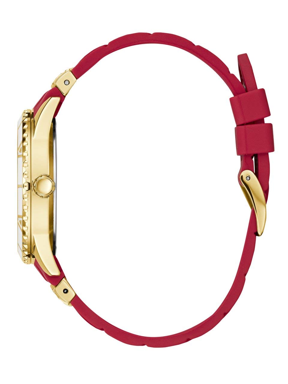 GUESS Gold-Tone + Iconic Red Stain Resistant Silicone Watch with Day, Date + 24 Hour Military/Int'l Time. Color: Red (Model: U1157L2)